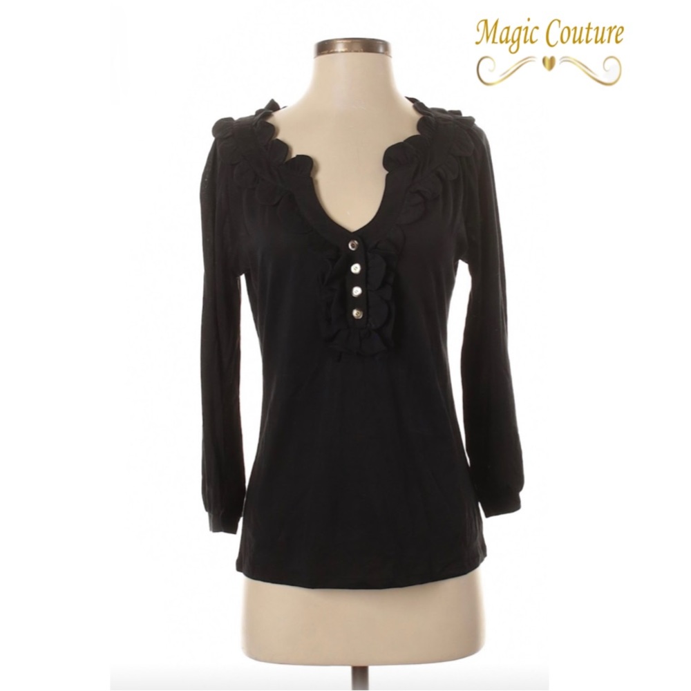 Leifsdottir Long Sleeve Black Ruffle Neck Top - Gem